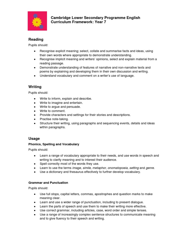 CLSP English Curriculum Framework_Year 7 | Vocabulary | English Language