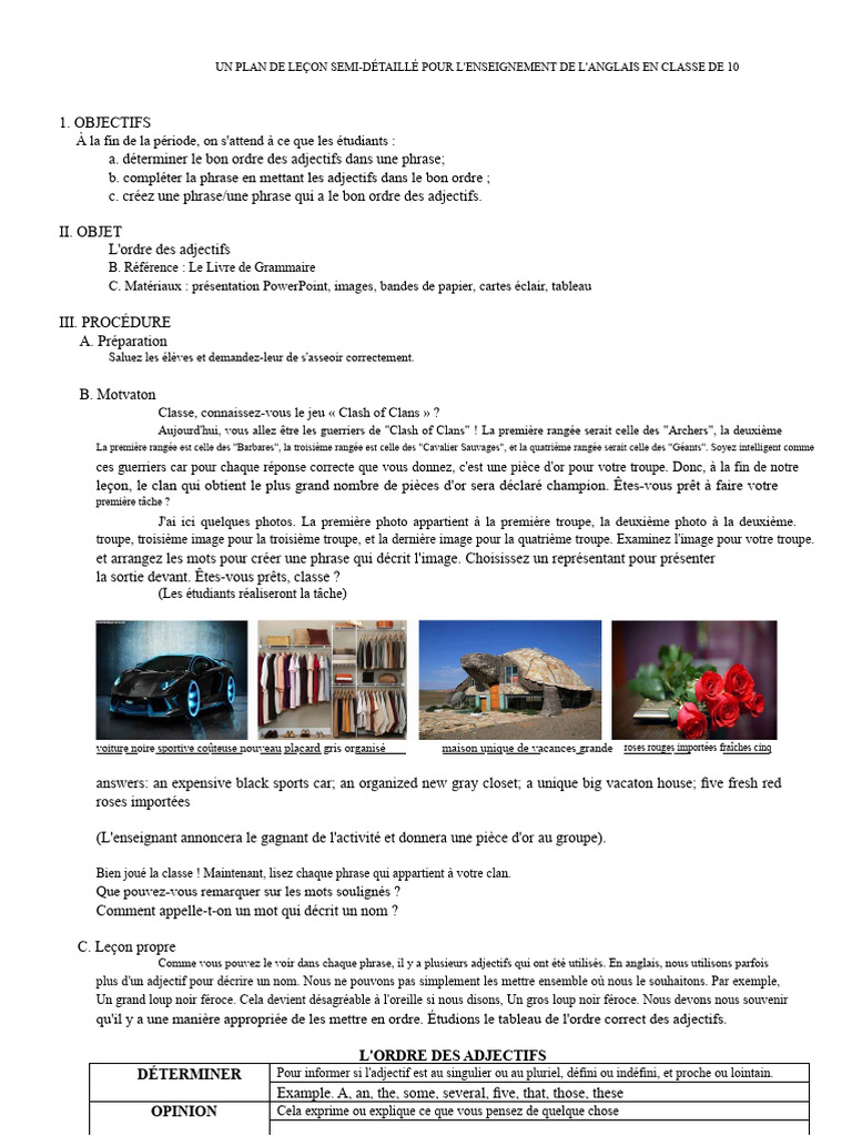 Plan de leçon : ordre des adjectifs en anglais | PDF