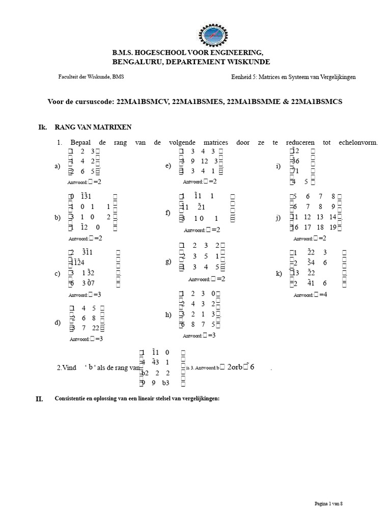 EENHEID 5 Matrices en Stelsels Van Vergelijkingen | PDF