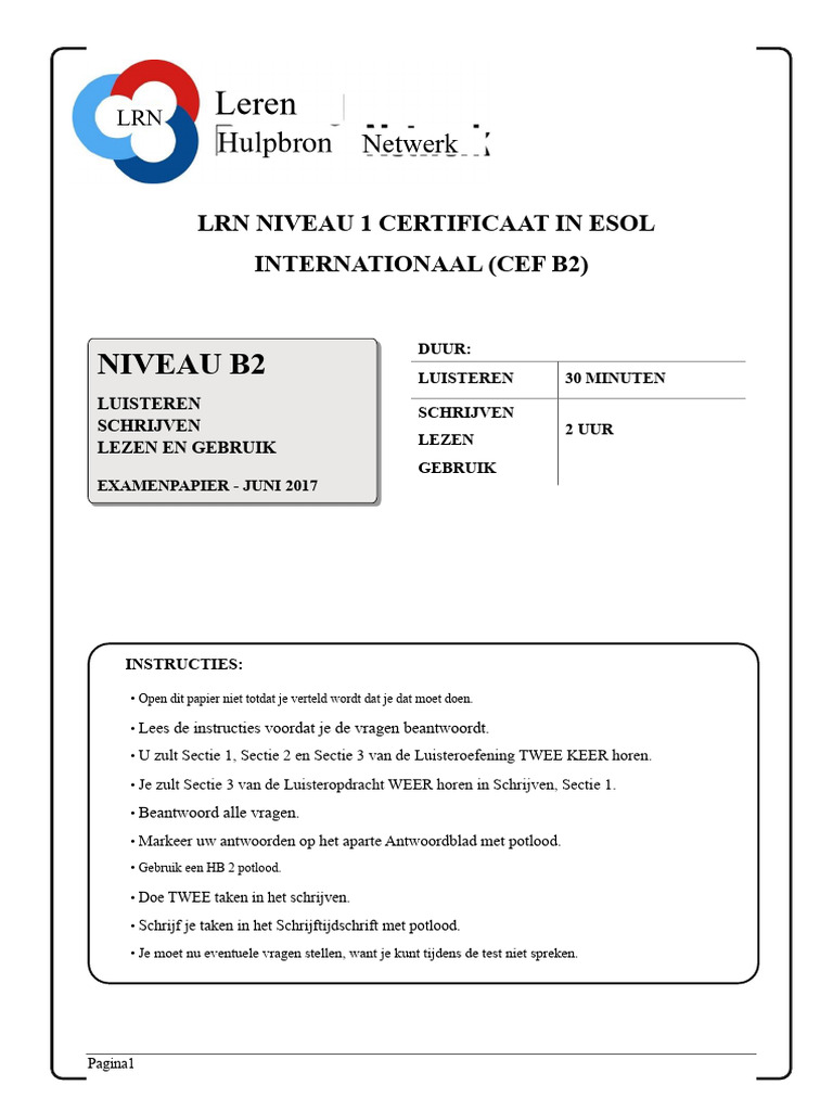 LRN Niveau 1 Certificaat in Esol International (Cef b2) | PDF