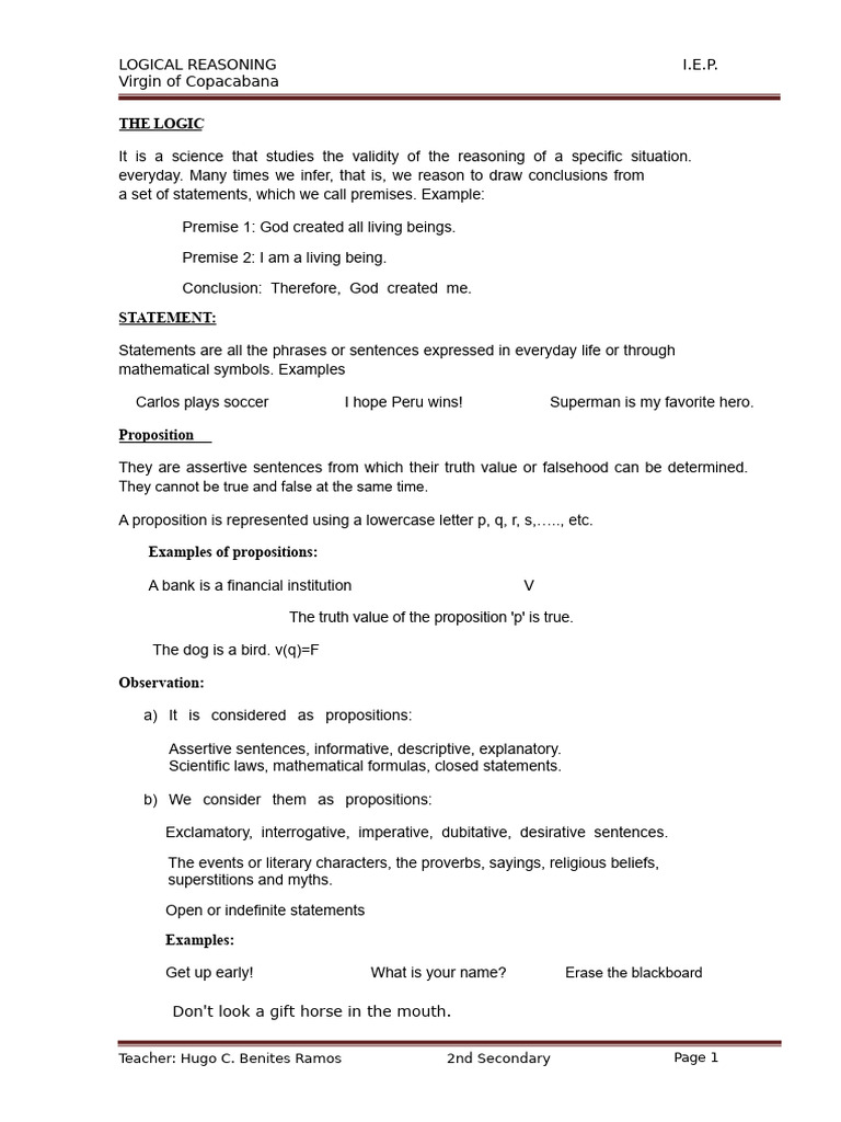 Examples of Logic Questions | PDF | Logic | Proposition