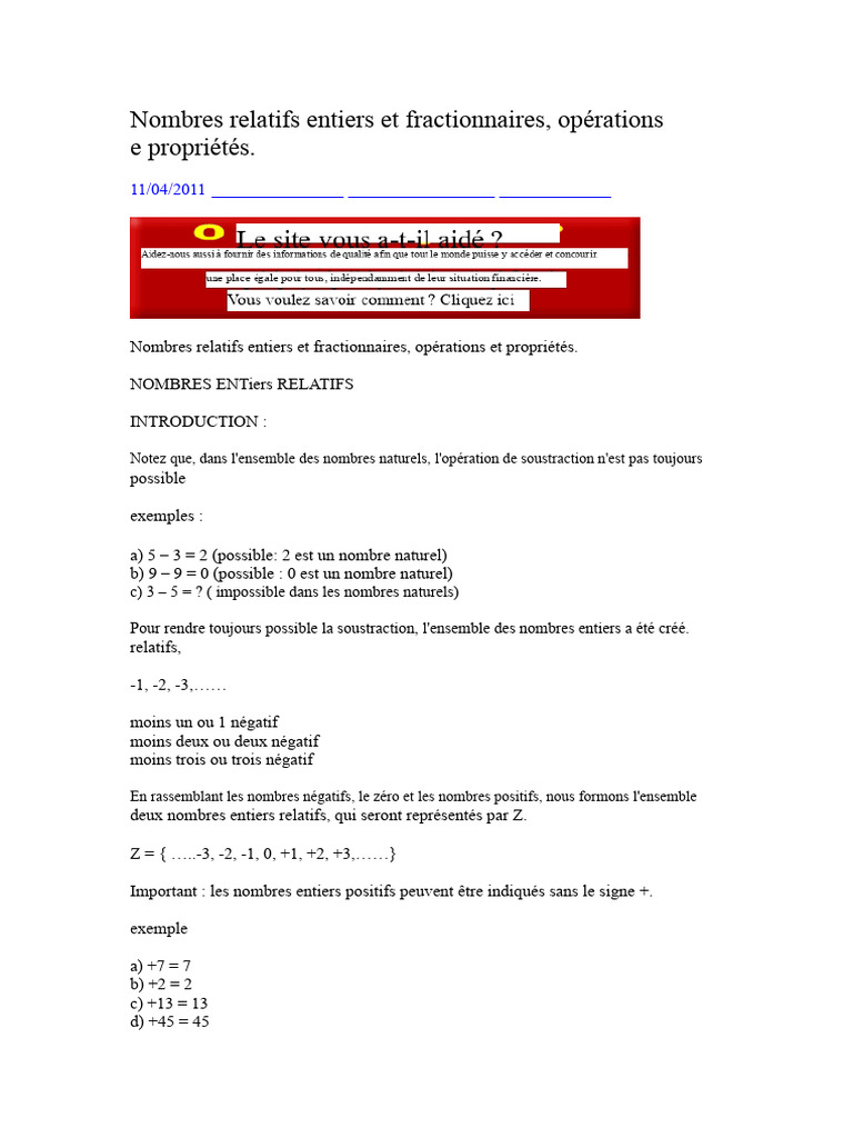 Nombres relatifs : opérations et propriétés | PDF | Entier relatif ...