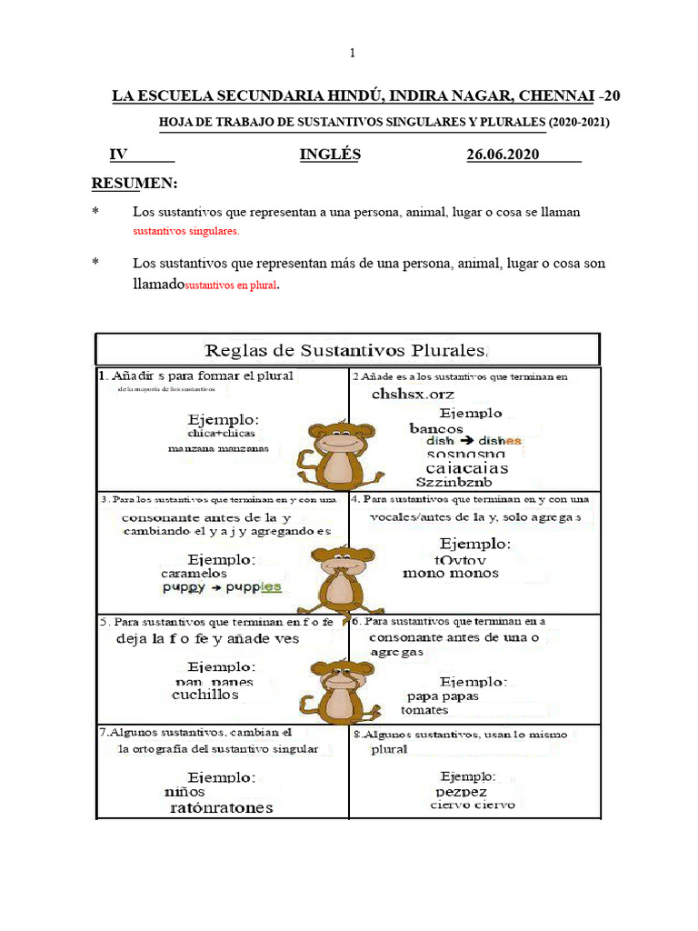 Clase 4 - Hoja de Trabajo - Singular y Plural | PDF