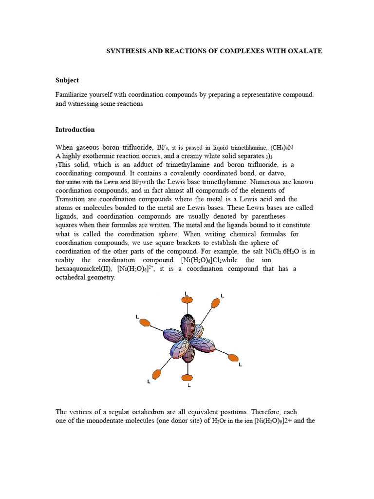 Synthesis of Oxalate Coordination Compounds | PDF | Coordination ...