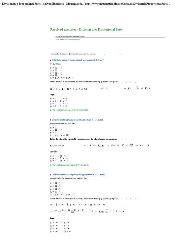 Division Into Proportional Parts - Solved Exercises | PDF | Mathematics