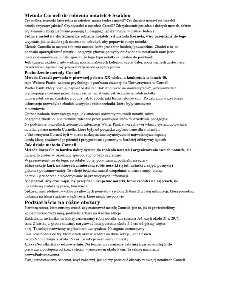 Metoda Cornella Do Robienia Notatek | PDF