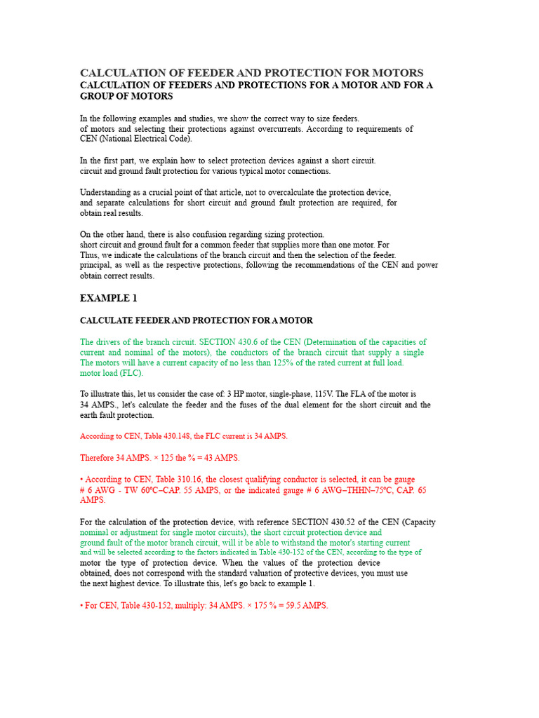 Motor Feeder and Protection Calculations | PDF | Switch | Electrical ...