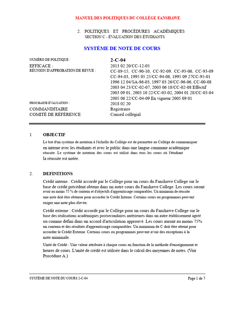 Système de Notation au Collège Fanshawe | PDF