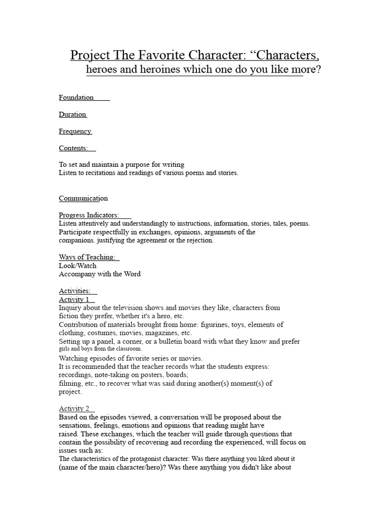 Favorite Characters Project Activities | PDF | Emotions | Communication
