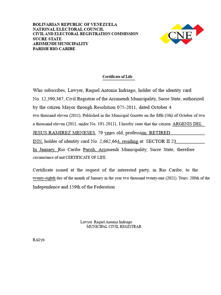 Certificate of Life for Argenis Ramirez | PDF