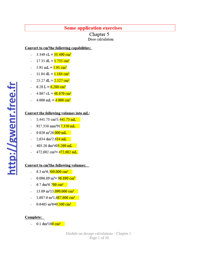 Dose Calculation Exercises and Conversions | PDF | Litre | Dose ...