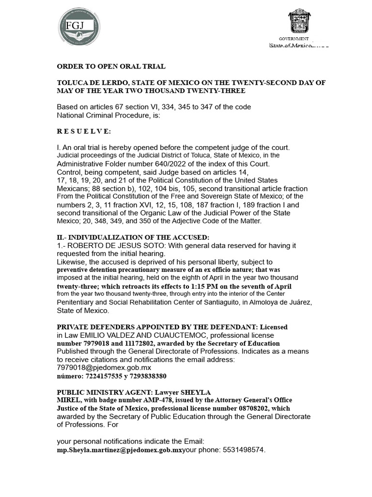 Order To Open Oral Trial | PDF | Prosecutor | Trials