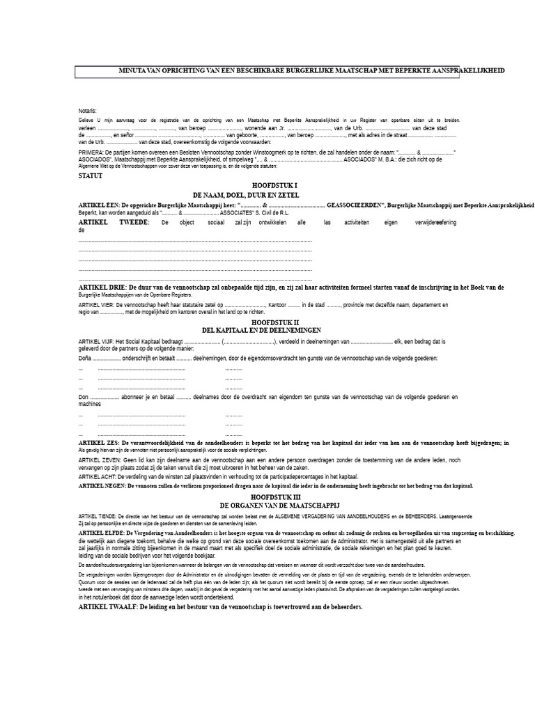 Minuta Van Oprichting Van Een Besloten Vennootschap Met Beperkte Aansprakelijkheid | PDF