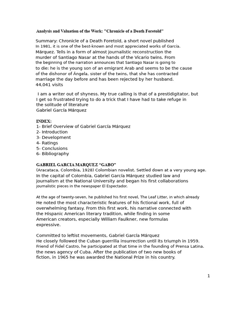 Analysis and Valuation of The Work Chronicle of A Foretold Death | PDF ...