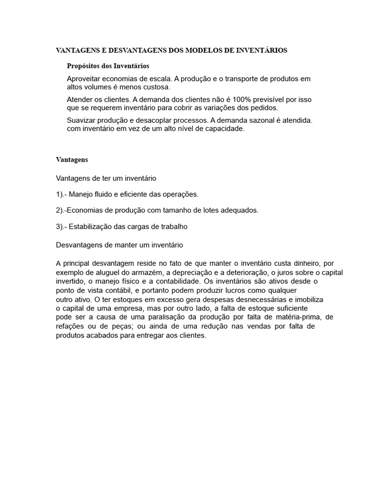 Vantagens e Desvantagens Dos Modelos de Estoque | PDF | Despesa | Economias