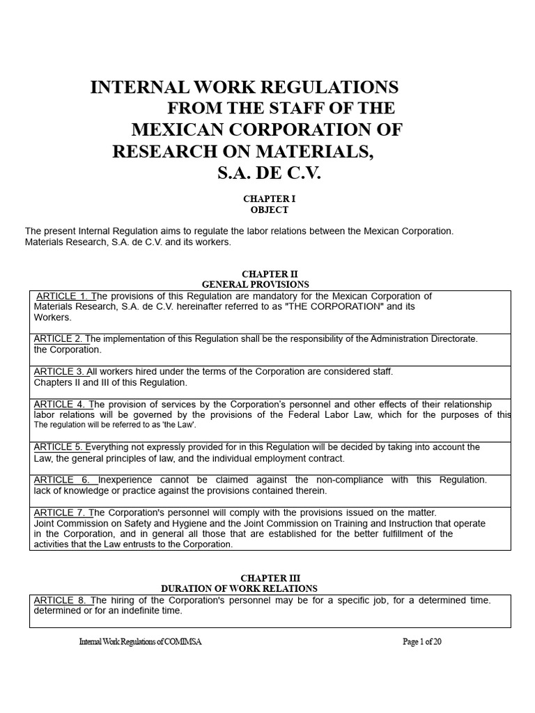 Internal Work Regulations for COMIMSA | PDF | Overtime | Employment