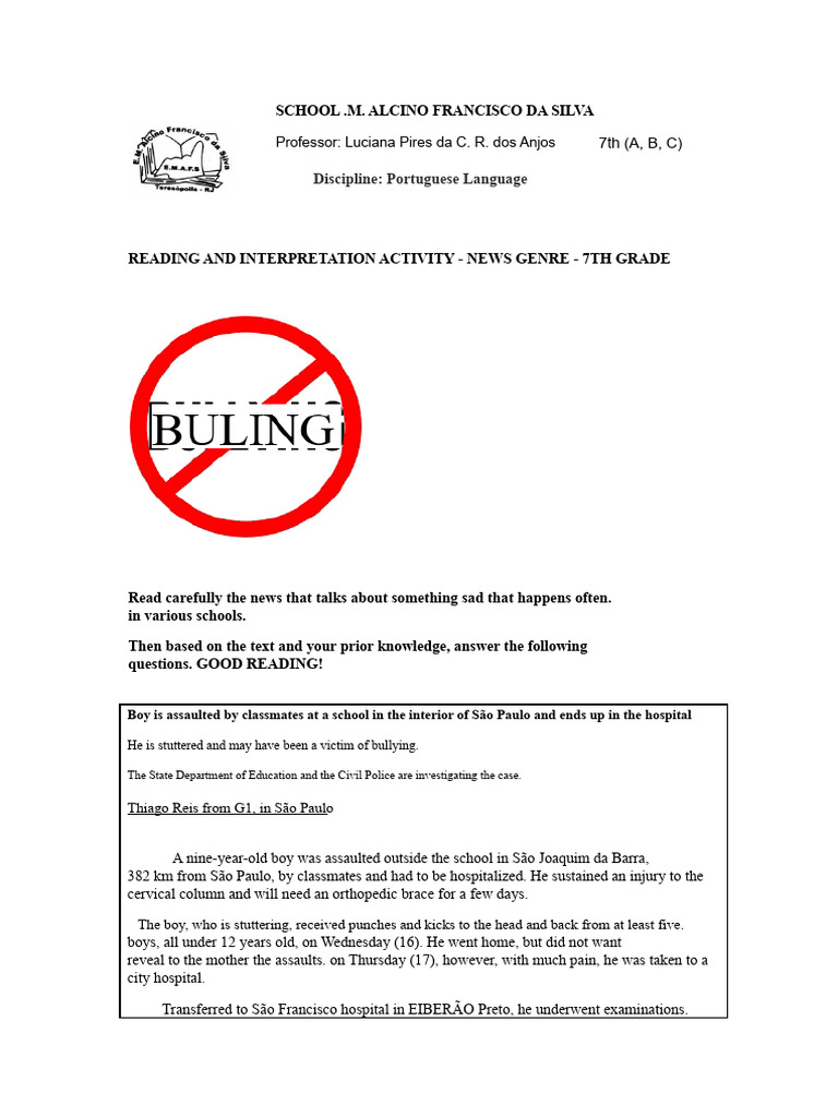 Reading and Interpretation Activity - News - 7th Grade - April 7 | PDF ...