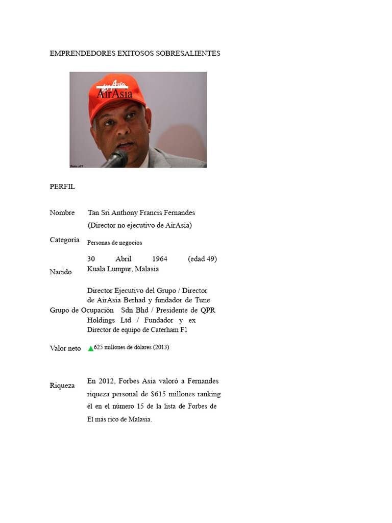 Tony Fernandes: Emprendedor de AirAsia | PDF | Transportador de bajo ...