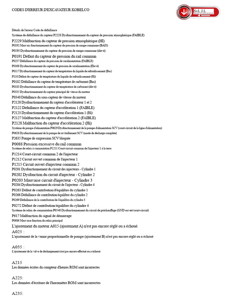 Codes d'erreur excavateur Kobelco | PDF | Pression