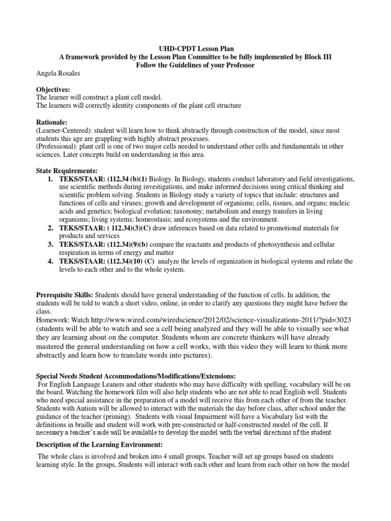 Angela Rosales: Lesson Plan On Plant Cells | PDF | Biology | Learning