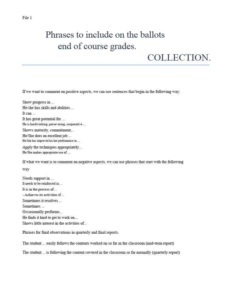 Student Performance Evaluation Phrases | PDF | Psychology | Cognition