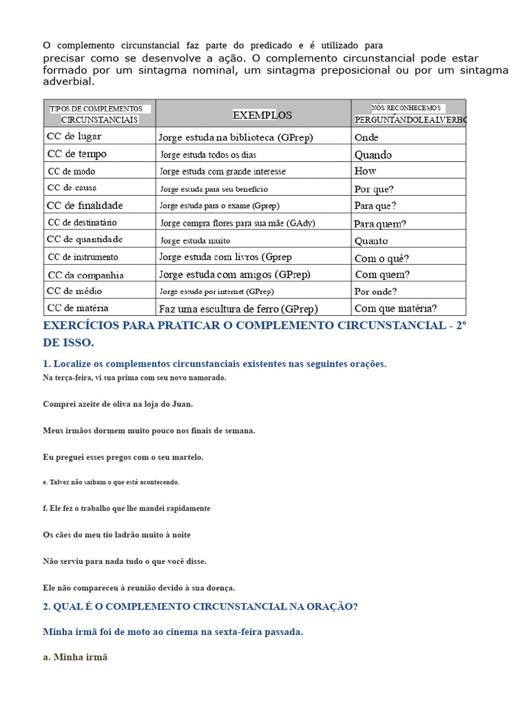 Exercícios sobre Complementos Circunstanciais | PDF