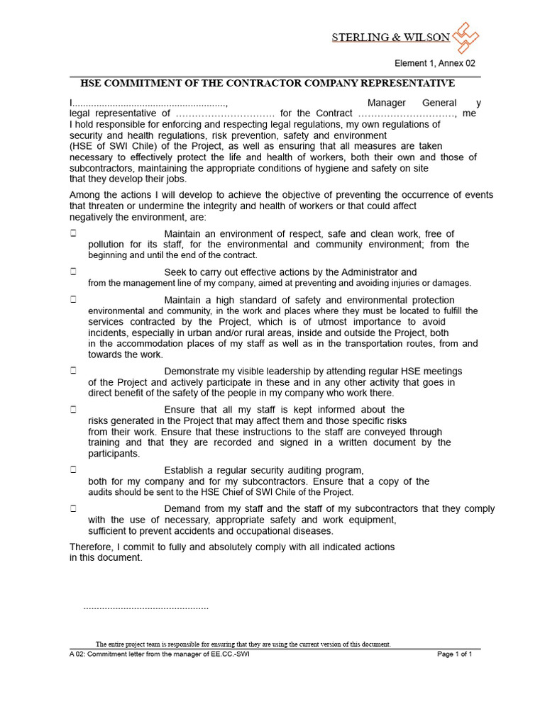 ELEM 1 - A02 Commitment Letter HSE From The Manager EECC | PDF | Safety ...