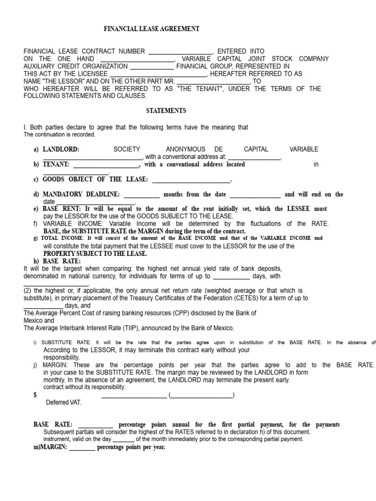 Financial Lease Agreement Template | PDF | Lease | Franchising