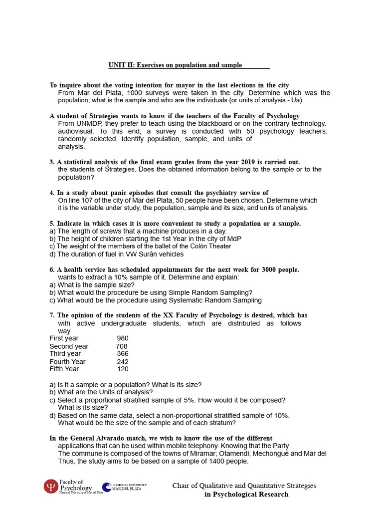 Exercises On Population and Sample | PDF | Sampling (Statistics ...