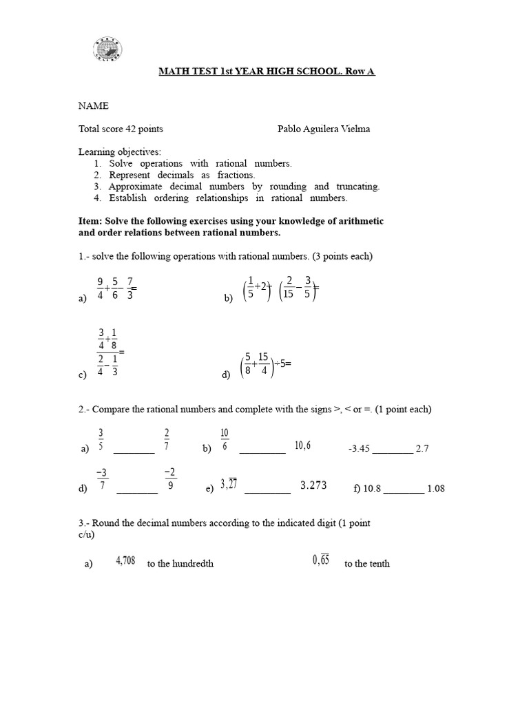 Test 1 Rational, Decimal Numbers | PDF | Numbers | Decimal