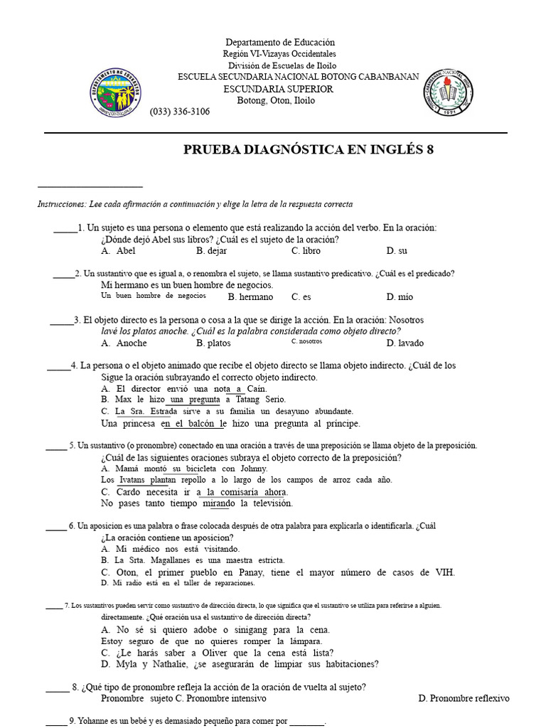 Prueba Diagnóstica en Octavo Grado | PDF | Objeto (gramática) | Adverbio