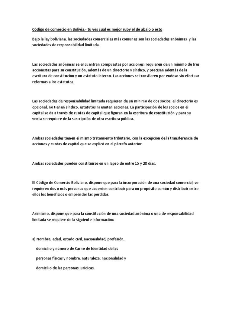 Código de comercio en Bolivia | PDF | Liquidación | Compañía de responsabilidad limitada