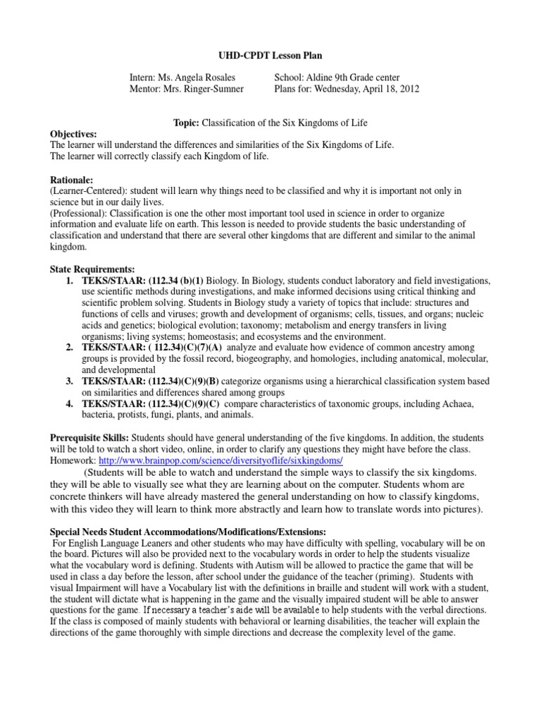 Classification of Six Kingdoms Lesson | PDF | Taxonomy (Biology) | Biology