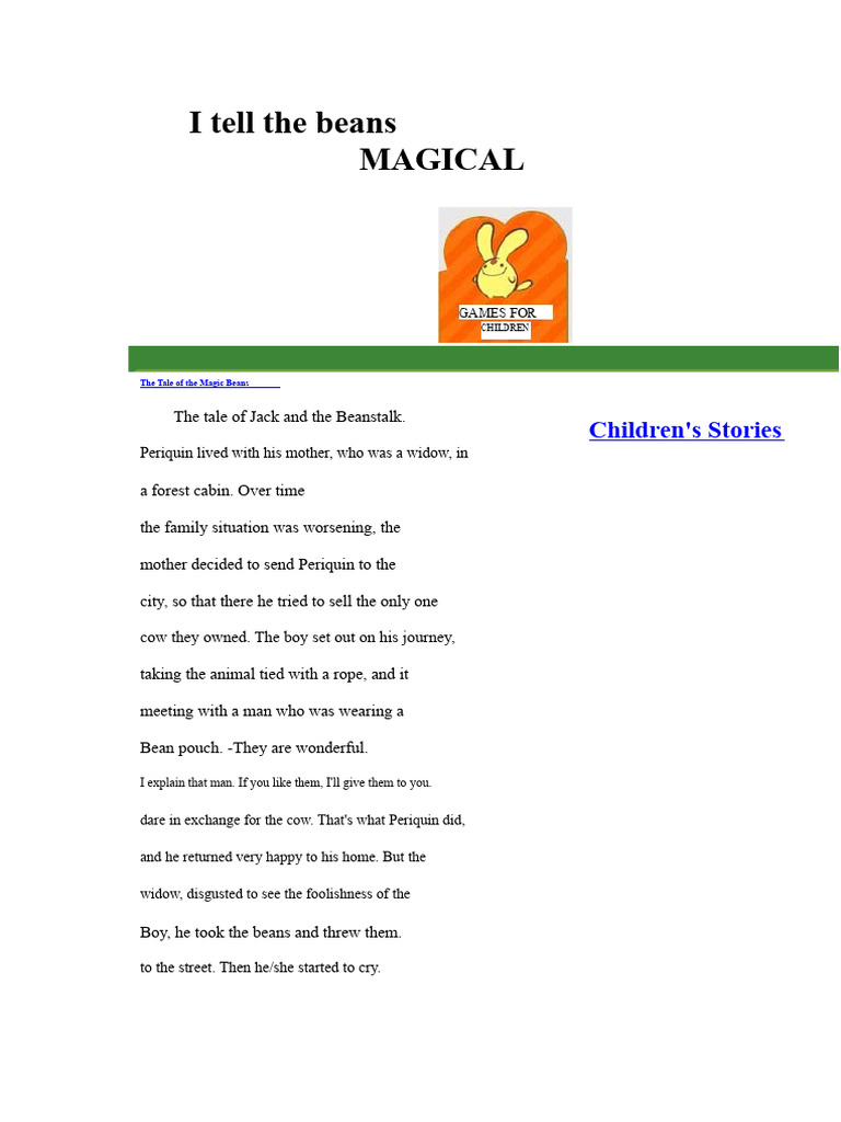 The Magic Beans Story for Kids | PDF | Jack And The Beanstalk | Fantasy ...
