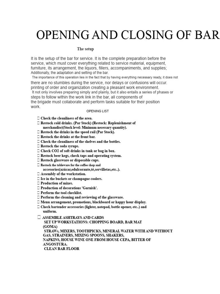 Bar Opening and Closing Procedures | PDF | Drink | Soft Drink