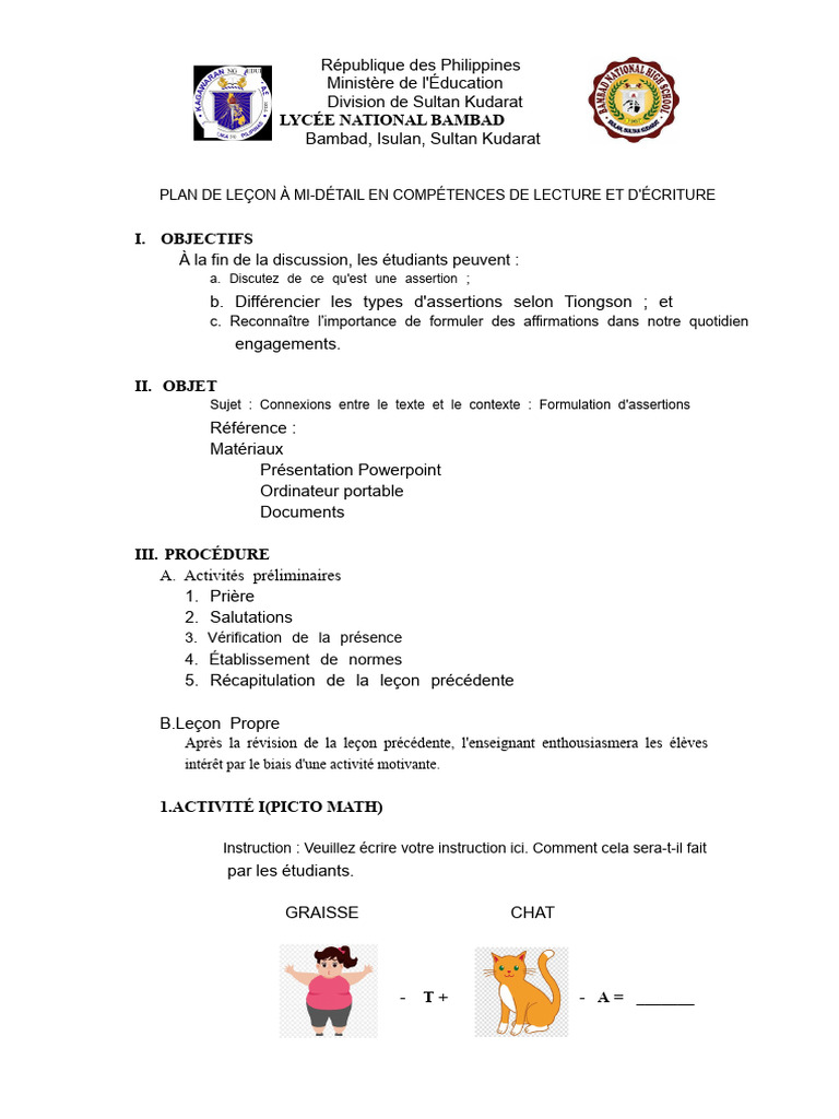 Plan de leçon sur les assertions en lecture | PDF