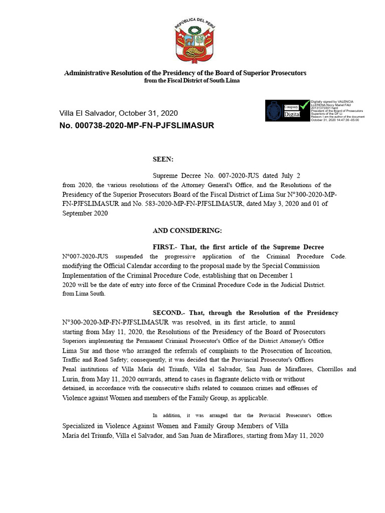 Presidency Resolution N°000738-2020-Mp-Fn-Pjfslimasur | PDF | Lima ...