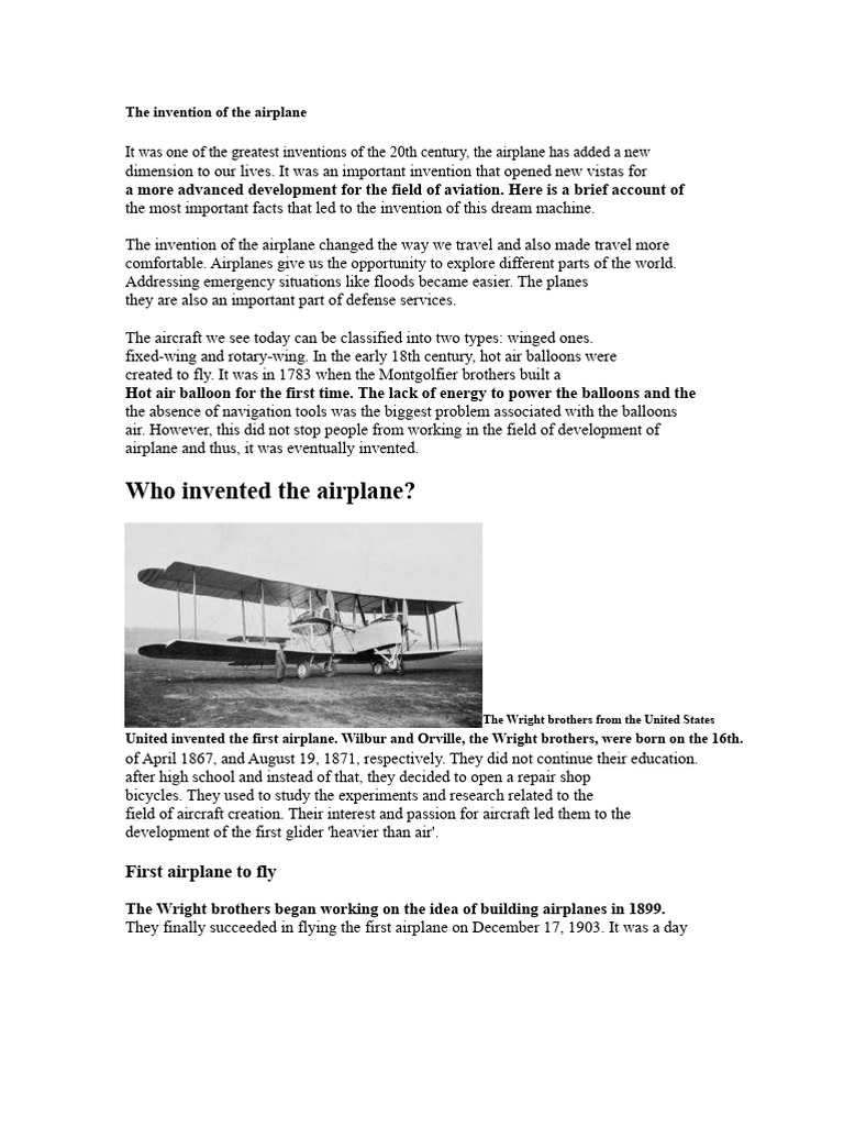 The Invention of The Airplane | PDF | Wright Brothers | Airplane