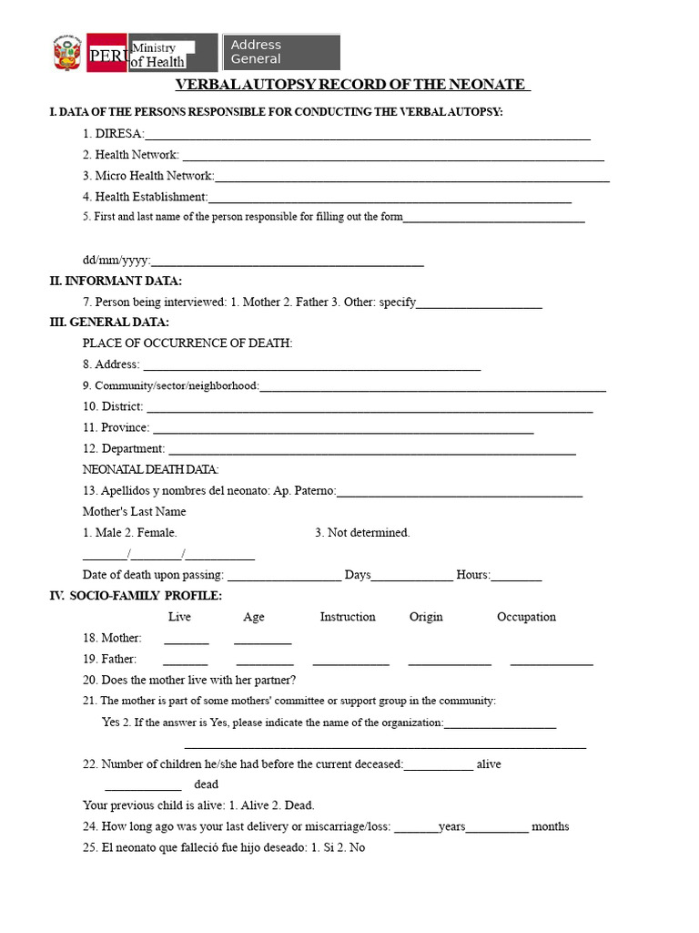 Neonatal Verbal Autopsy Record Form | PDF | Medical Specialties ...