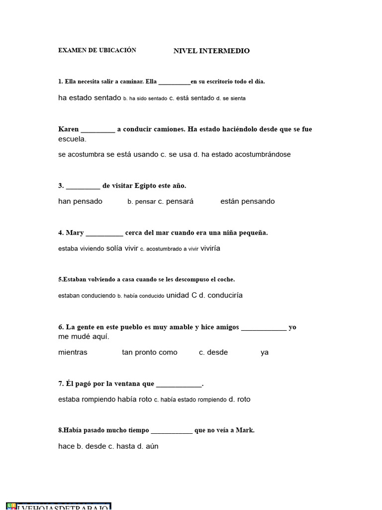 Examen de Ubicación Intermedio de Español | PDF