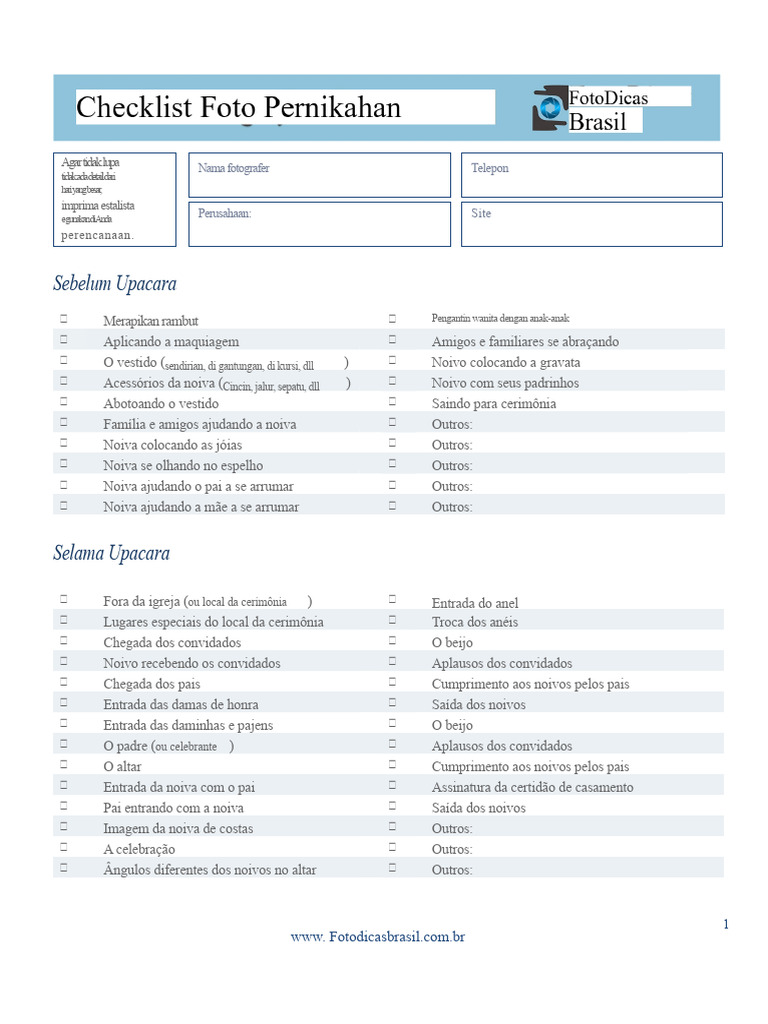 Checklist Foto Pernikahan - Foto Dicas Brasil PDF | PDF