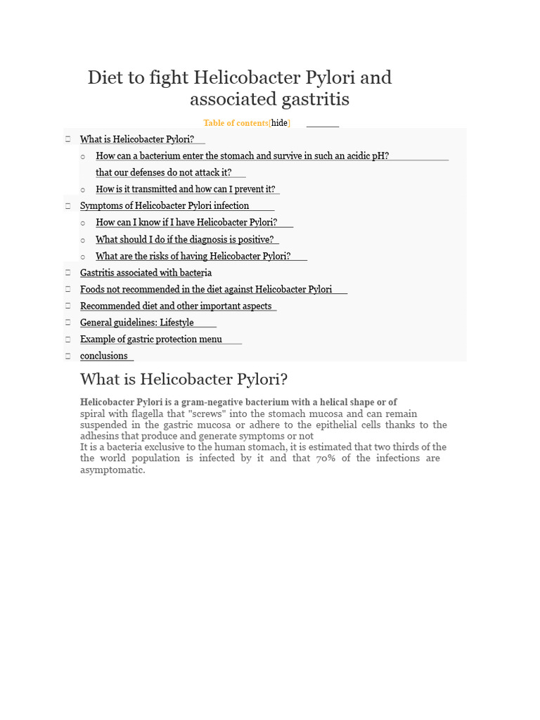 Diet To Combat Helicobacter Pylori and Associated Gastritis | PDF ...