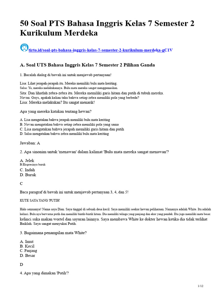 Soal PTS Bahasa Inggris Kelas 7 Semester 2 | PDF
