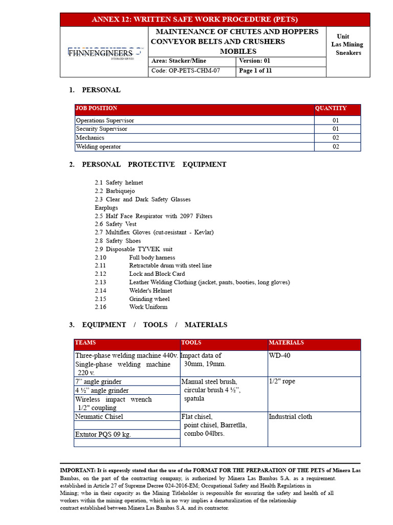 Safe Work Procedure for Chutes Maintenance | PDF | Welding | Construction