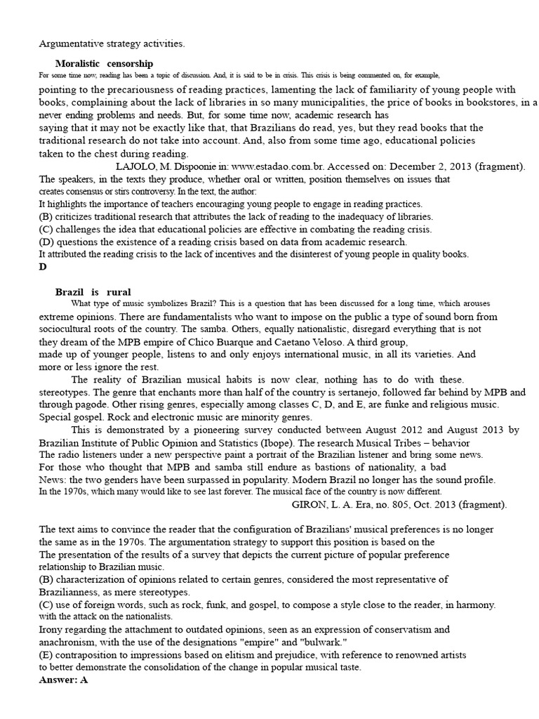 Argumentative Strategy Activities | PDF