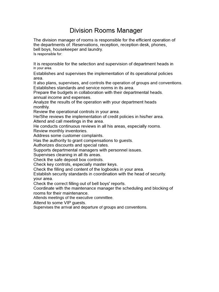 Division Manager of Rooms | PDF | Laundry | Clothing