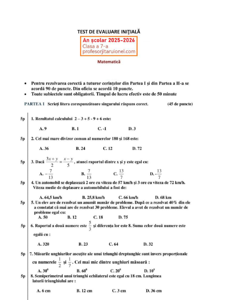 Test Intial Clasa a 7 a Matematica an Scolar 2025 2026 | PDF