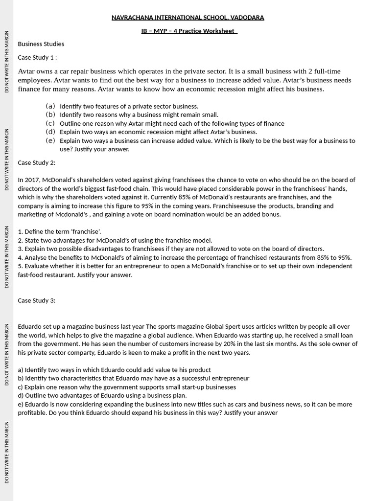 Business Studies Case Studies Worksheet | PDF | Franchising | Mc Donald's