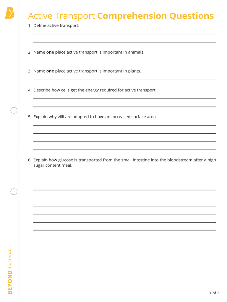 Active Transport Reading Comprehension Questions Higher | PDF | Biology ...