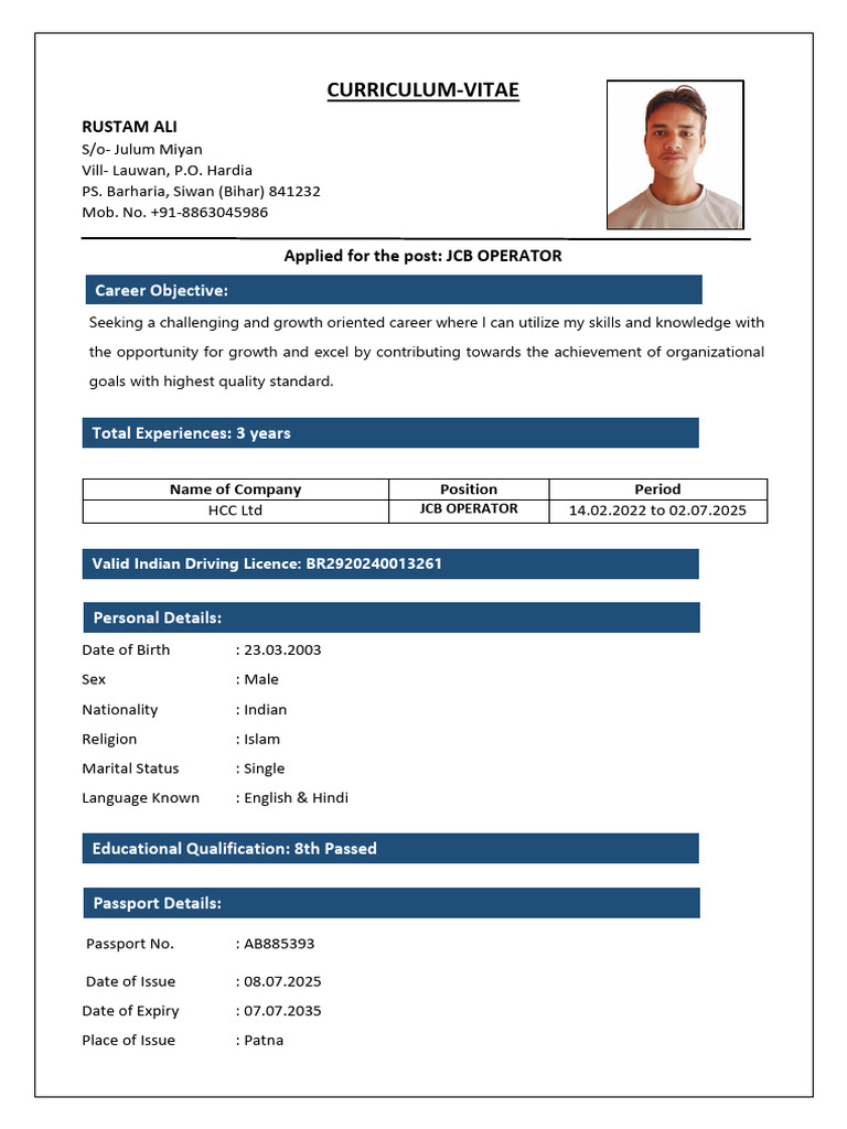 JCB Operator Resume of Rustam Ali | PDF